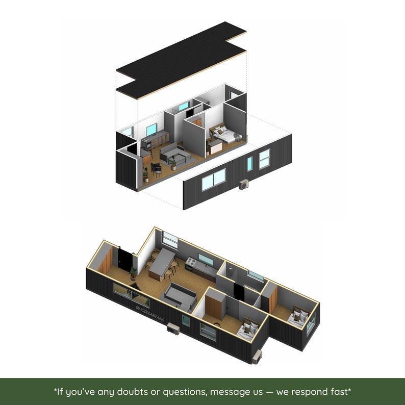 2 X 40ft Container Home Plans | 2 Bed 1 Bath Container House Plans ...