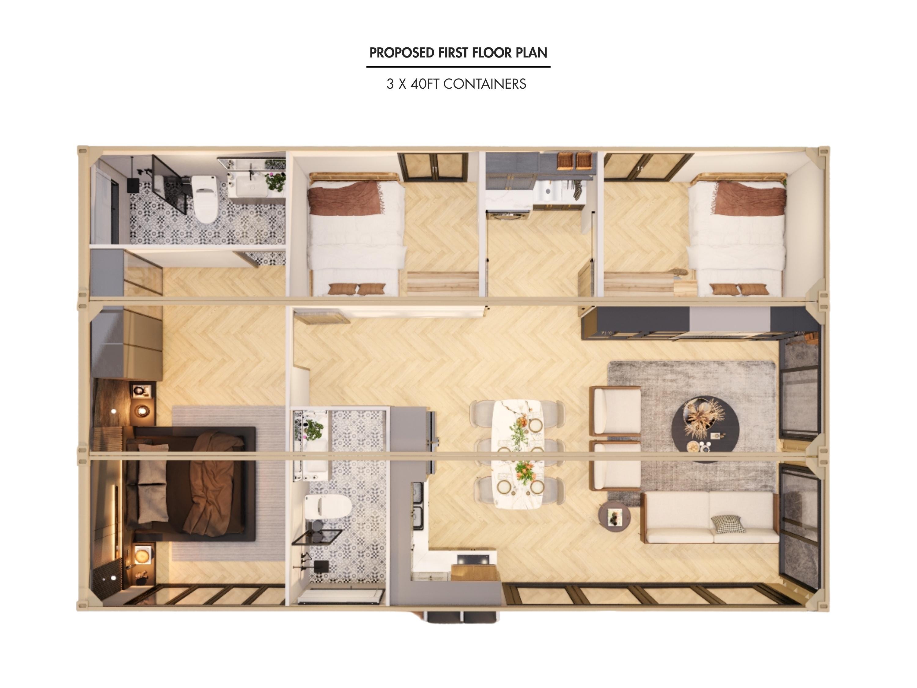 3x40' Container Home Plans | 3 Bed 2 Bath Container House | Container ...