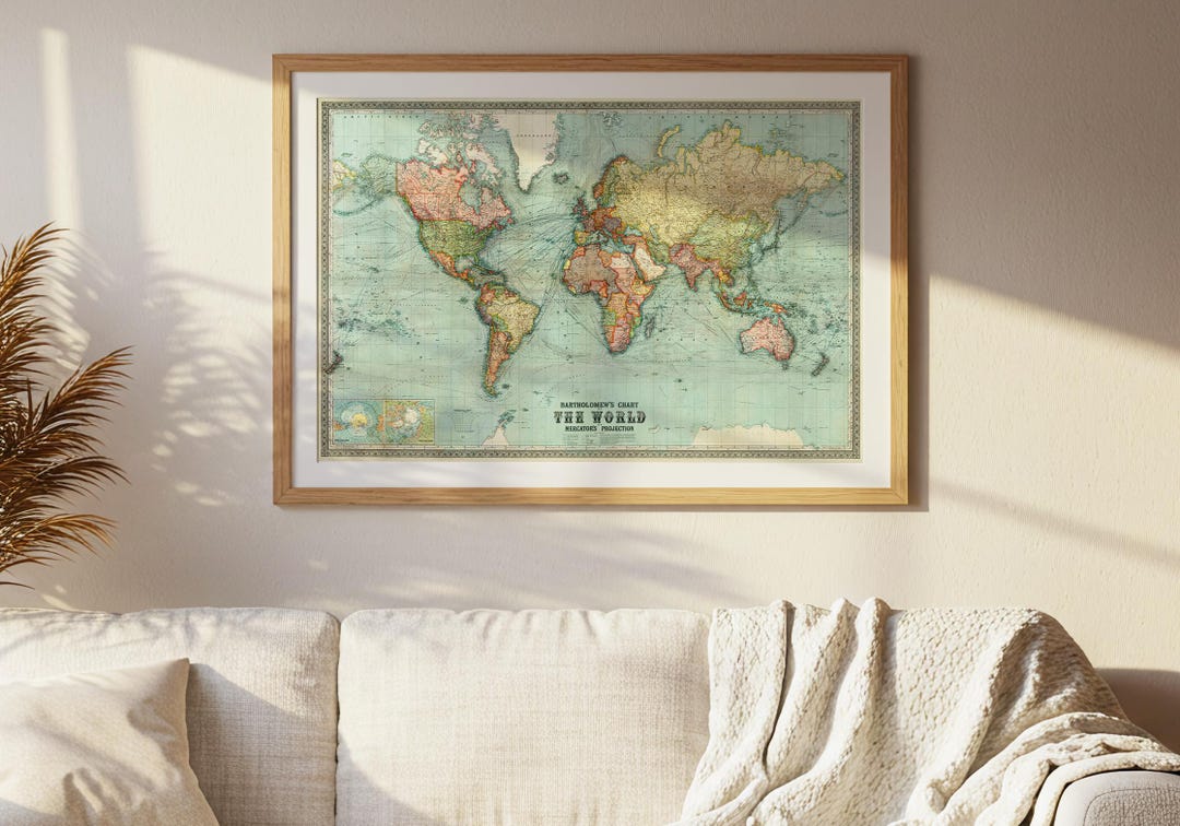 Vintage World Map Print, Bartholomew’s 1914 Mercator Projection ...