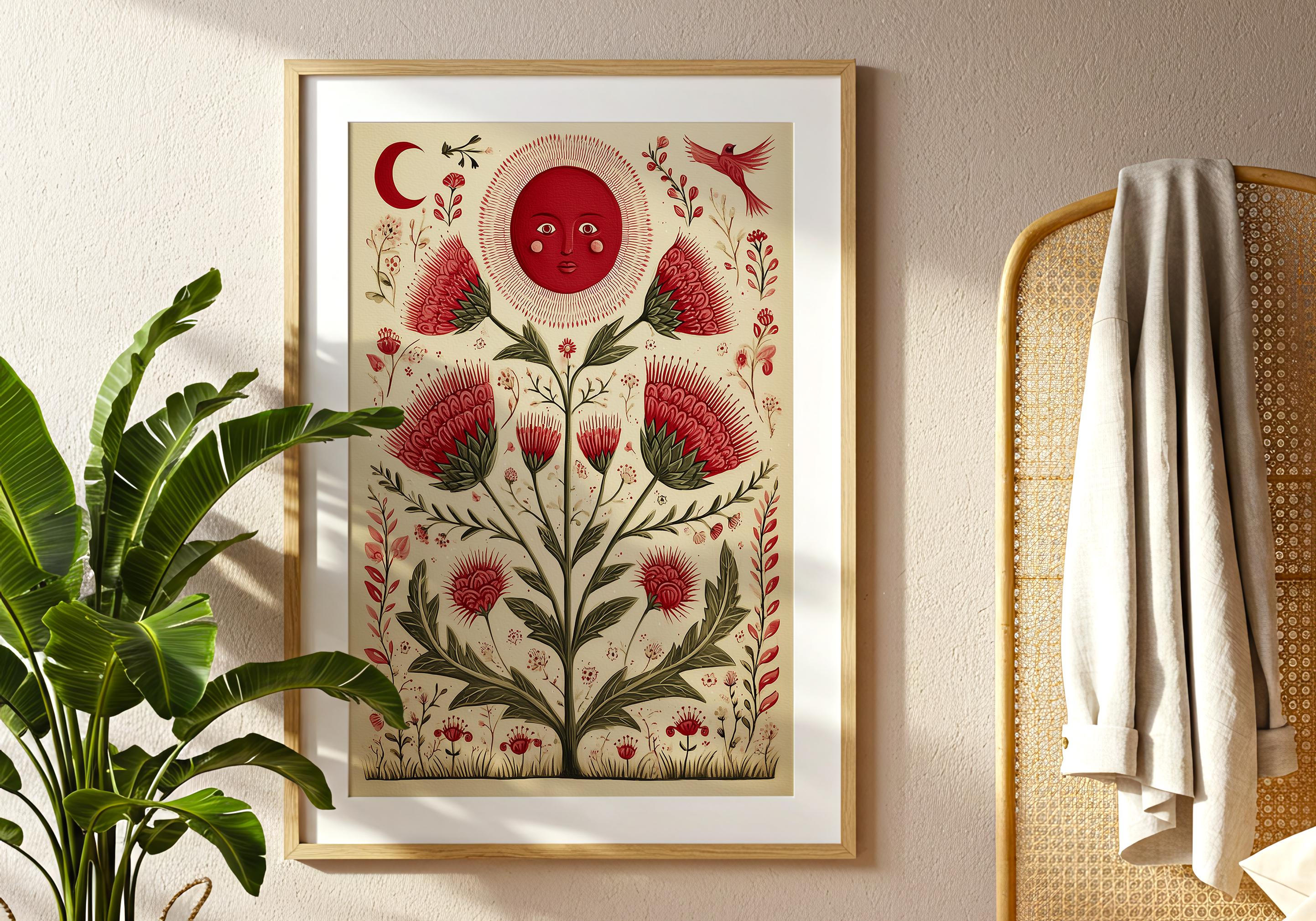 Floral Folk Art Print, Moon Sun Thistle Bird Poster, Red Boho Wall Art ...