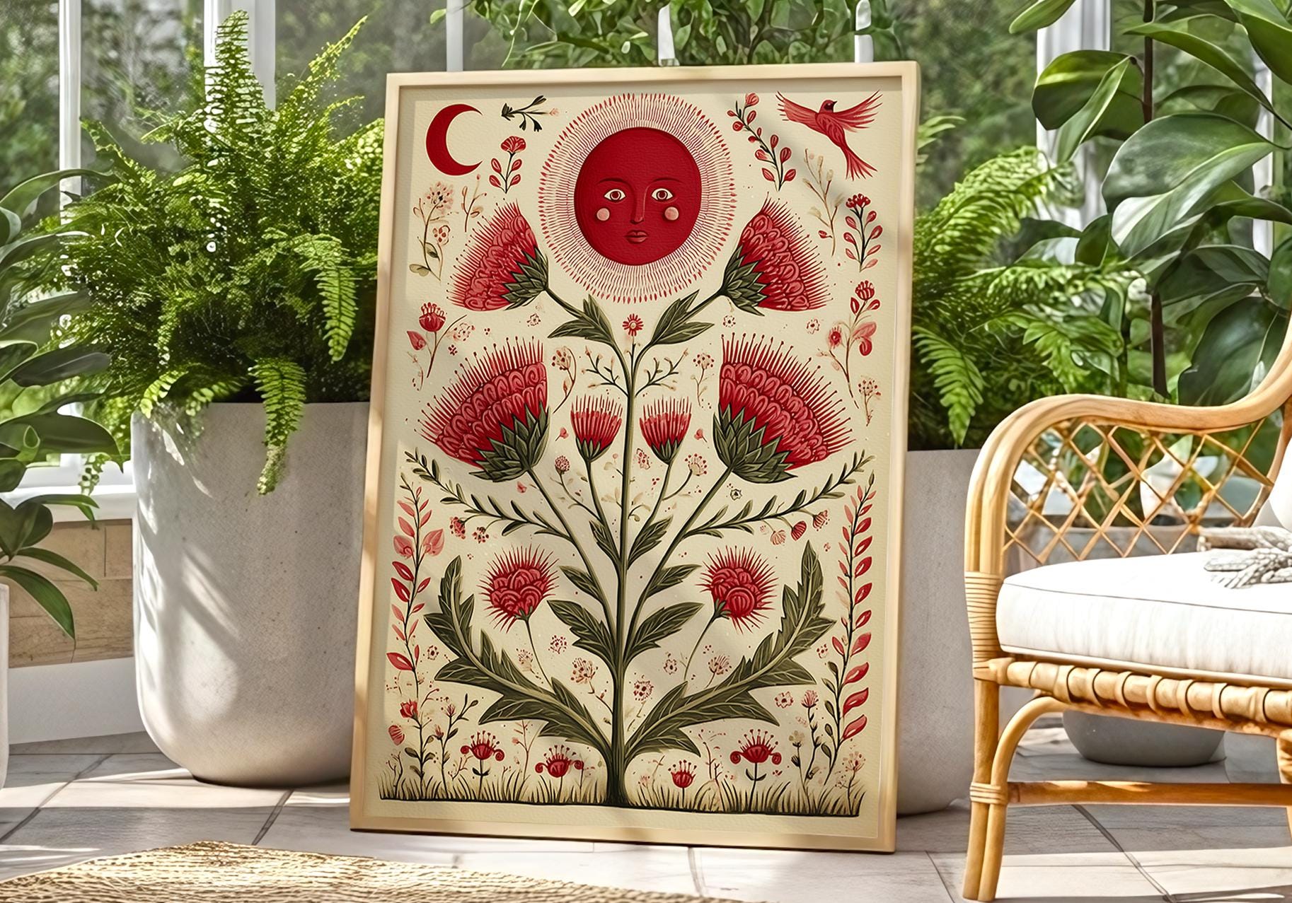 Floral Folk Art Print, Moon Sun Thistle Bird Poster, Red Boho Wall Art ...
