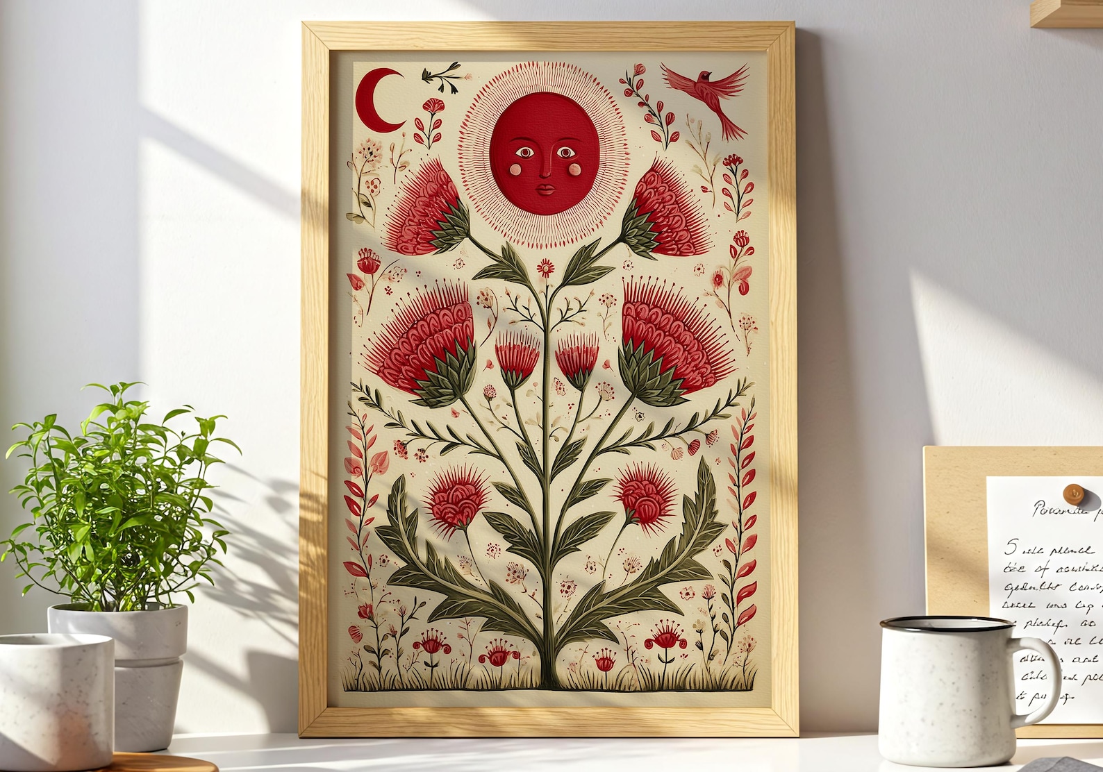 Floral Folk Art Print, Moon Sun Thistle Bird Poster, Red Boho Wall Art ...