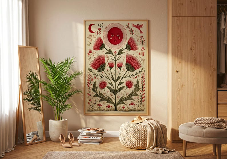 Floral Folk Art Print, Moon Sun Thistle Bird Poster, Red Boho Wall Art ...