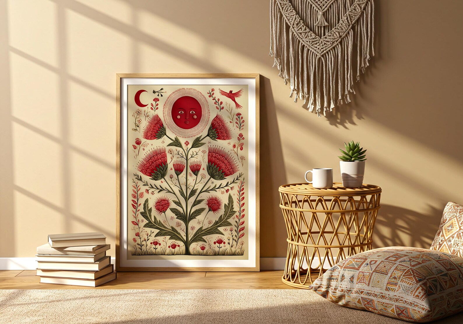 Floral Folk Art Print, Moon Sun Thistle Bird Poster, Red Boho Wall Art ...