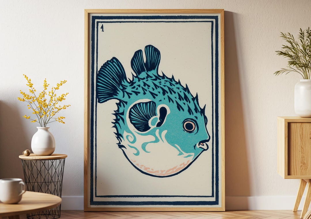 Pufferfish Art Print: Retro Woodcut Style, Sea Life Wall Poster - Etsy