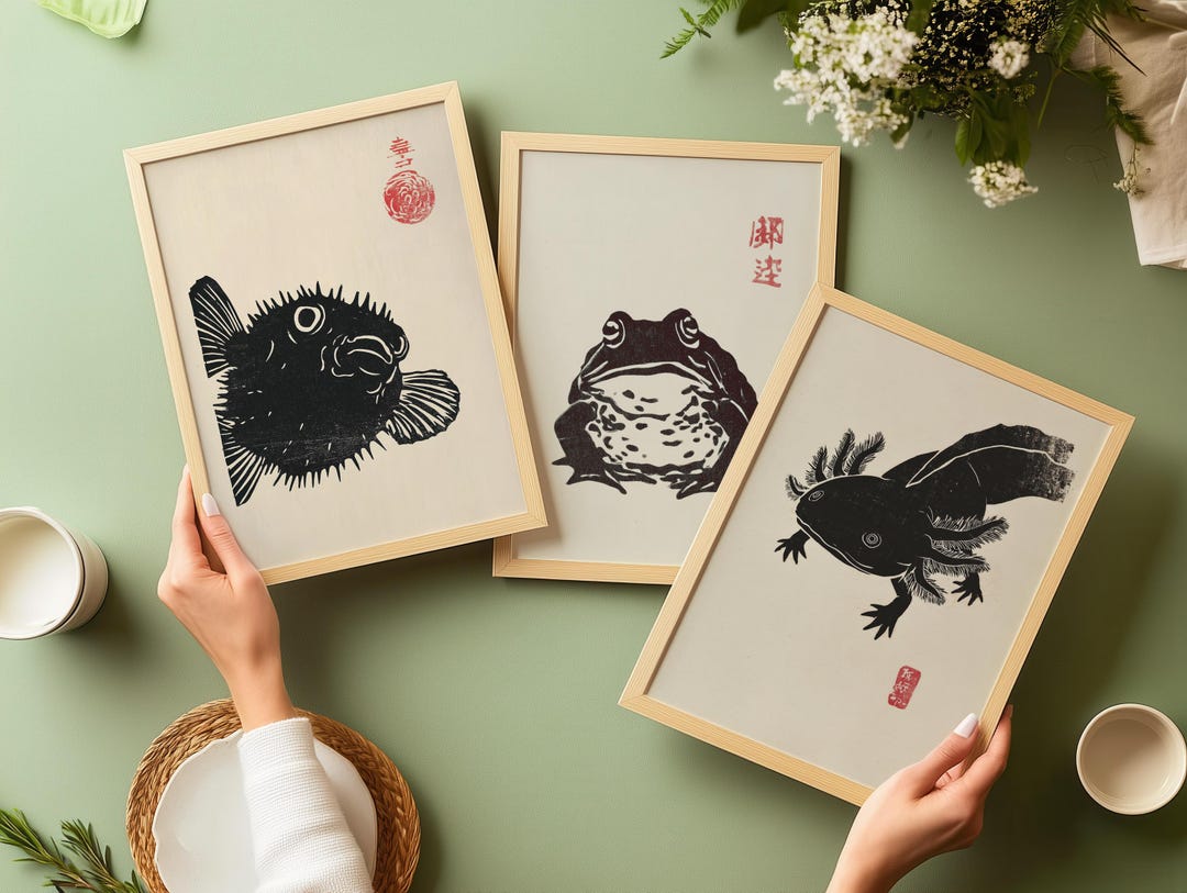 Japanese Woodblock Art Print Set of 3: Pufferfish, Frog, Axolotl - Etsy