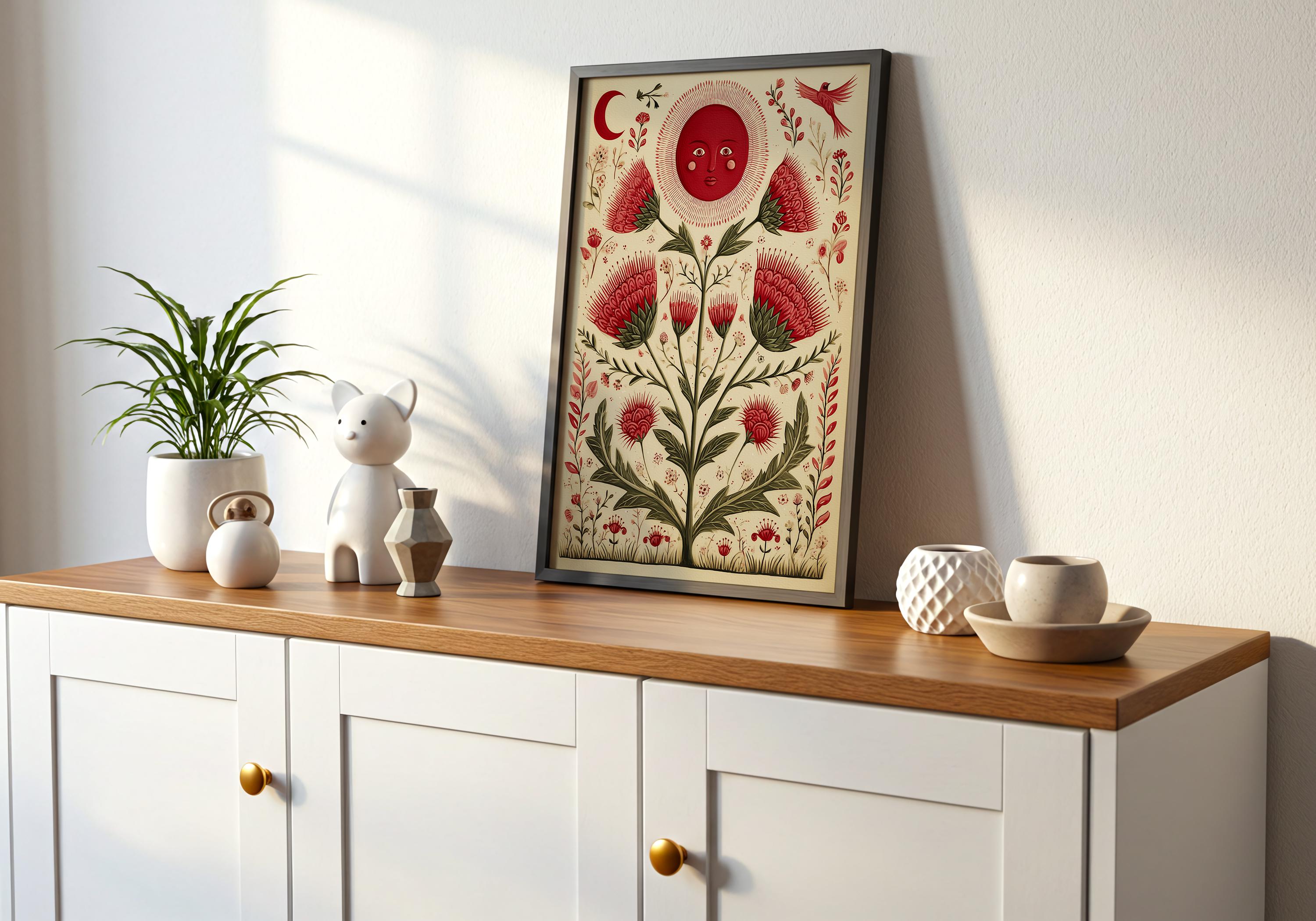 Floral Folk Art Print, Moon Sun Thistle Bird Poster, Red Boho Wall Art ...