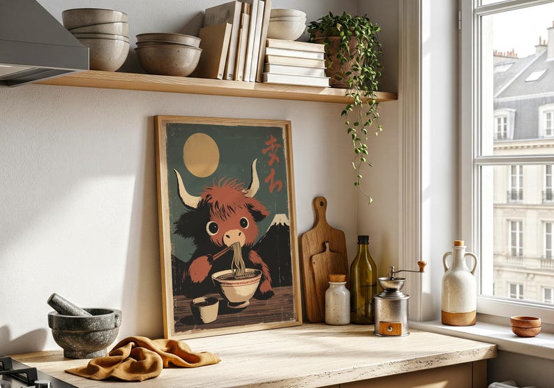 Highland Cow Eating Ramen Print: Japanese Style Food Art, Cozy Kitchen ...