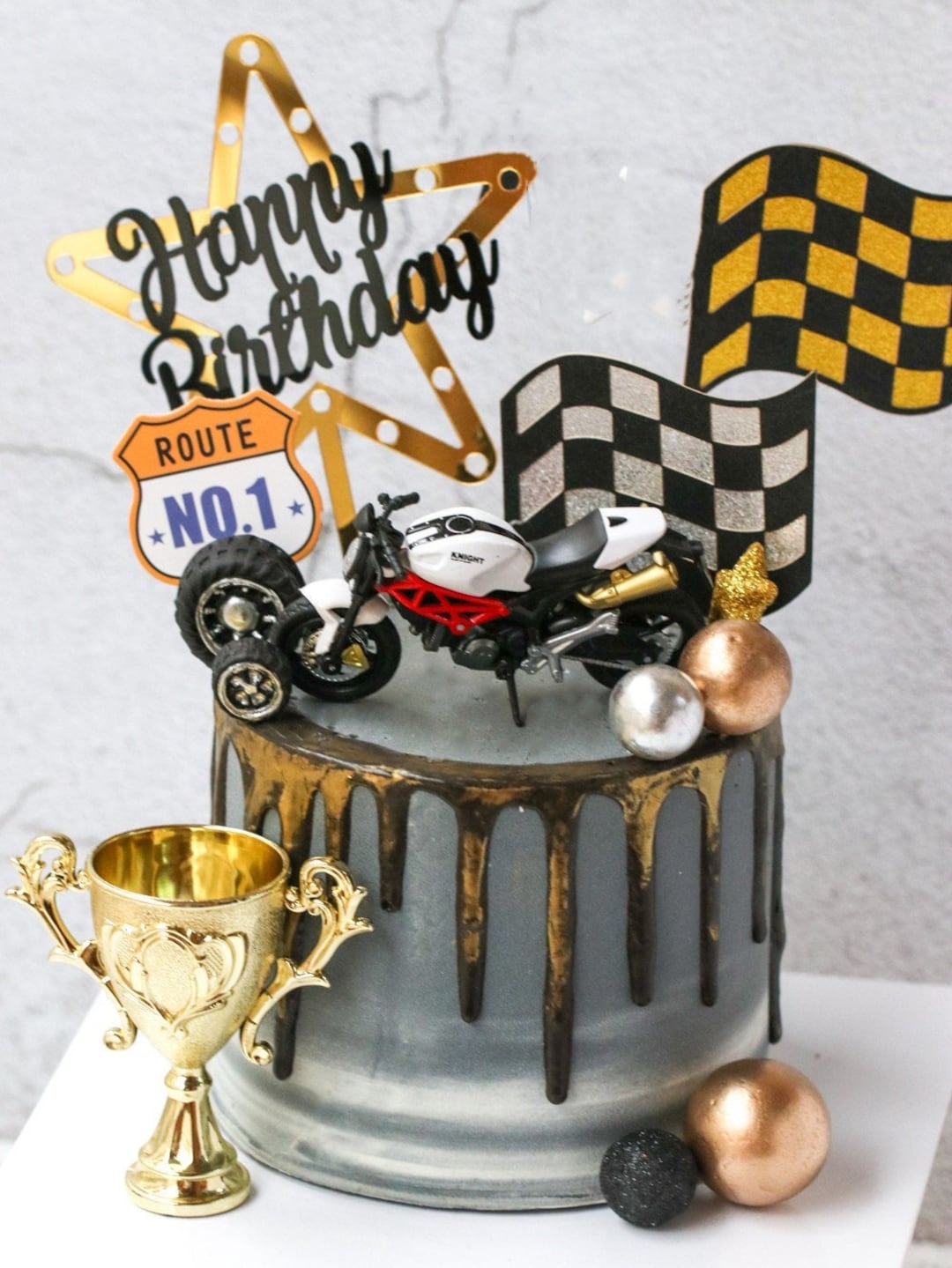 White and Black Motorcycle Car Racing Cake Plugin Topper Decoration Set ...