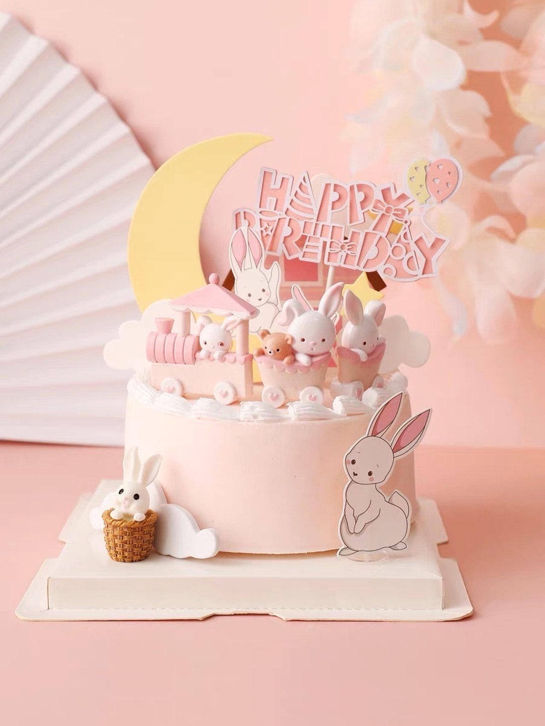 Pink Cute Rabbit Birthday Cake Topper Decoration Set - Etsy