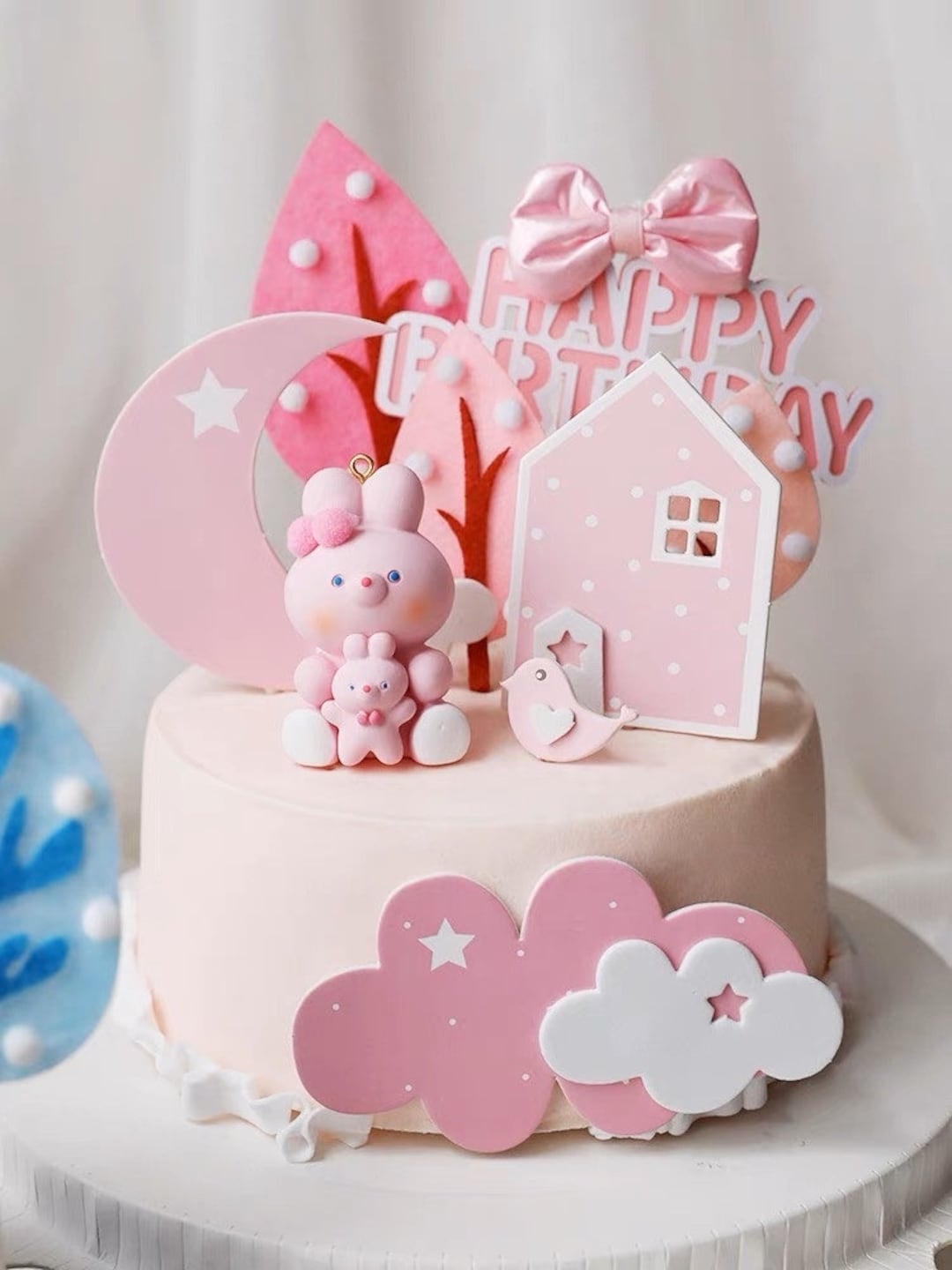 Pink Snow Rabbit Birthday Cake Topper Decoration Set - Etsy