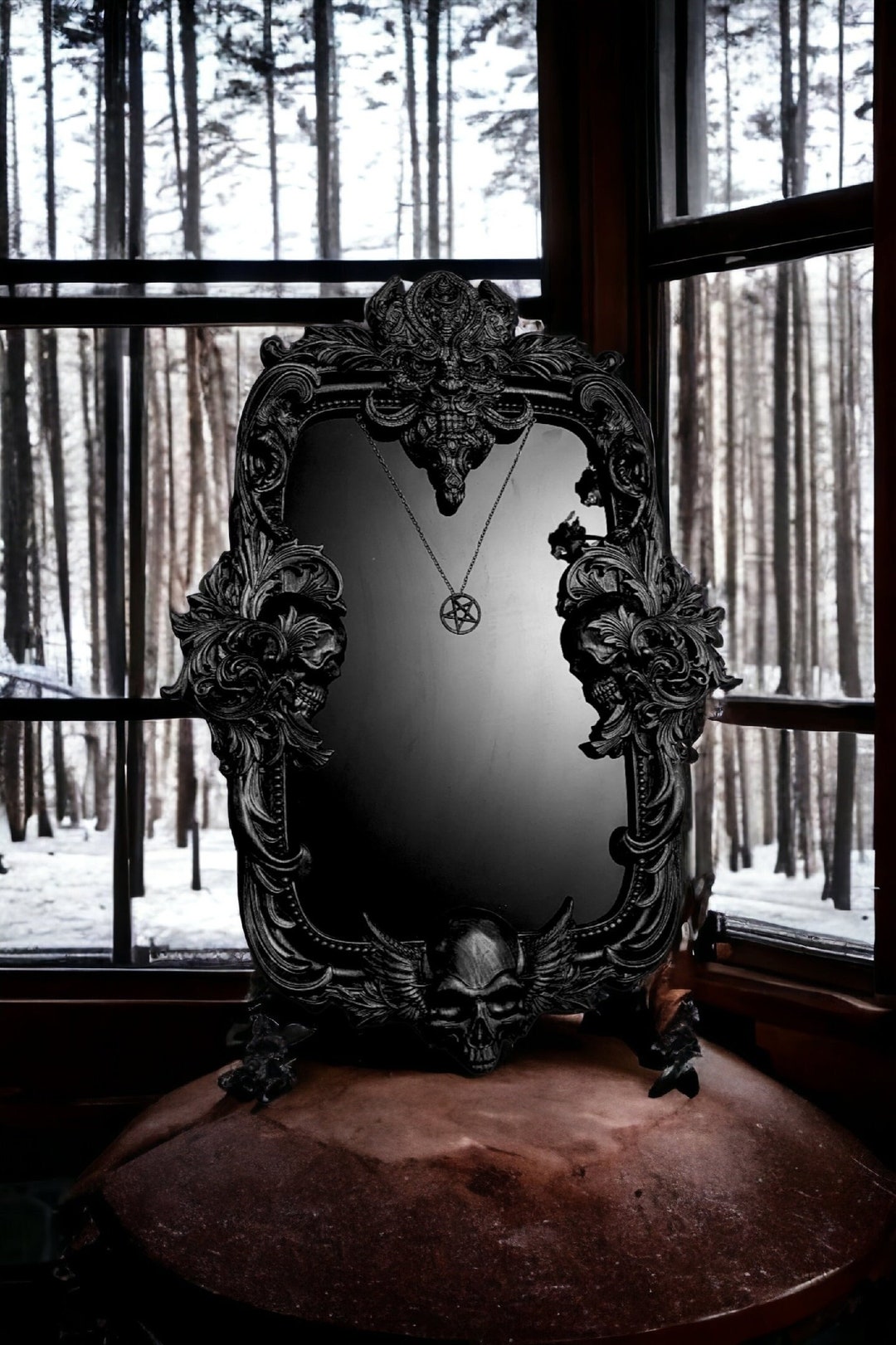 Black Demons Scrying Mirror Black Glass Gothic Oak Frame Mirror Wall ...