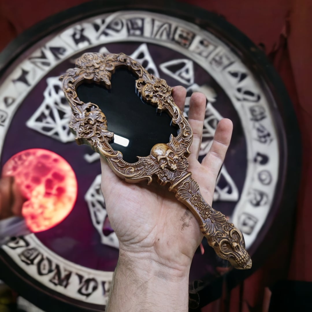 Black Hand Mirror With Demons Scrying Mirror Black Glass Gothic Frame ...