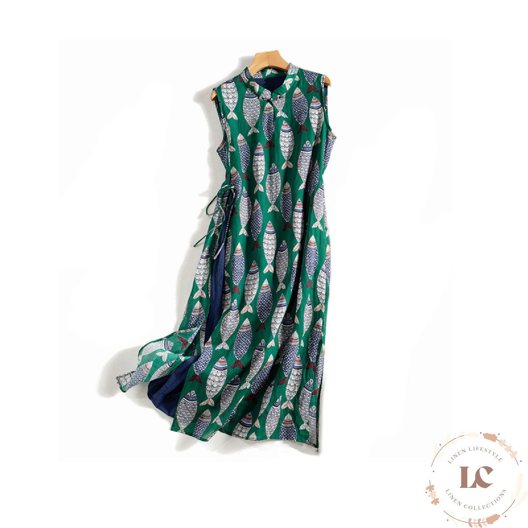 Fish Print Dress Linen Thin Summer Women Dress Loose Waist - Etsy