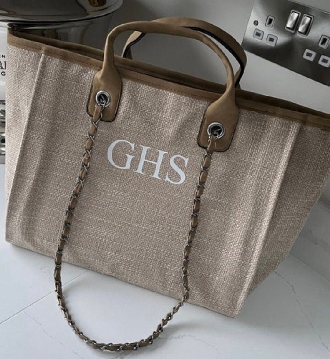 Personalised Monogram Canvas Chain Tote Bag Personalised Beach Bag ...
