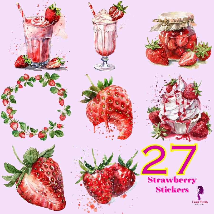 Strawberry Watercolor Stickers Printable , Aesthetic Cute Food Clip Art ...