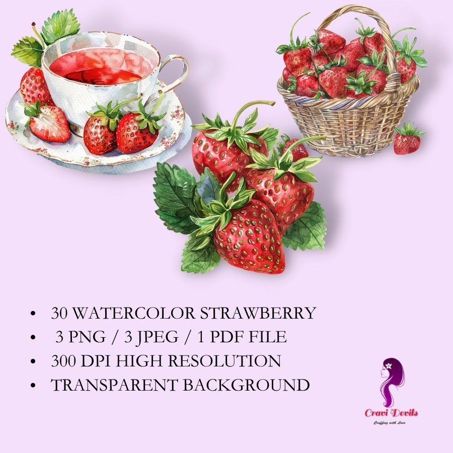 Strawberry Watercolor Stickers Printable , Aesthetic Cute Food Clip Art ...