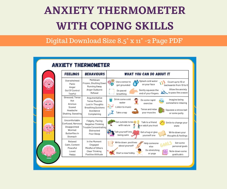 Anxiety Thermometer & Coping Skills - Emotions Feelings CBT Printable ...