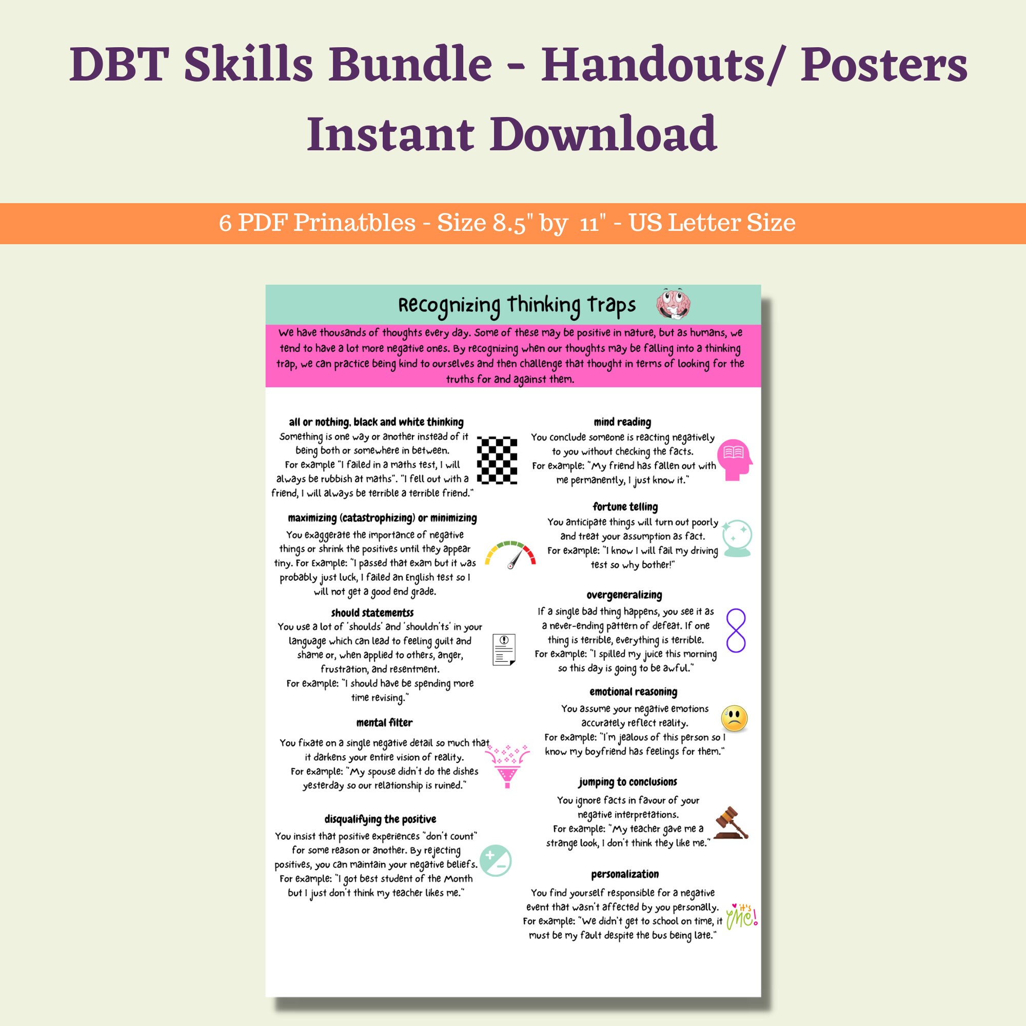 DBT Bundle Skills Printable Handout Poster PDF Set Cheat Sheet - Etsy