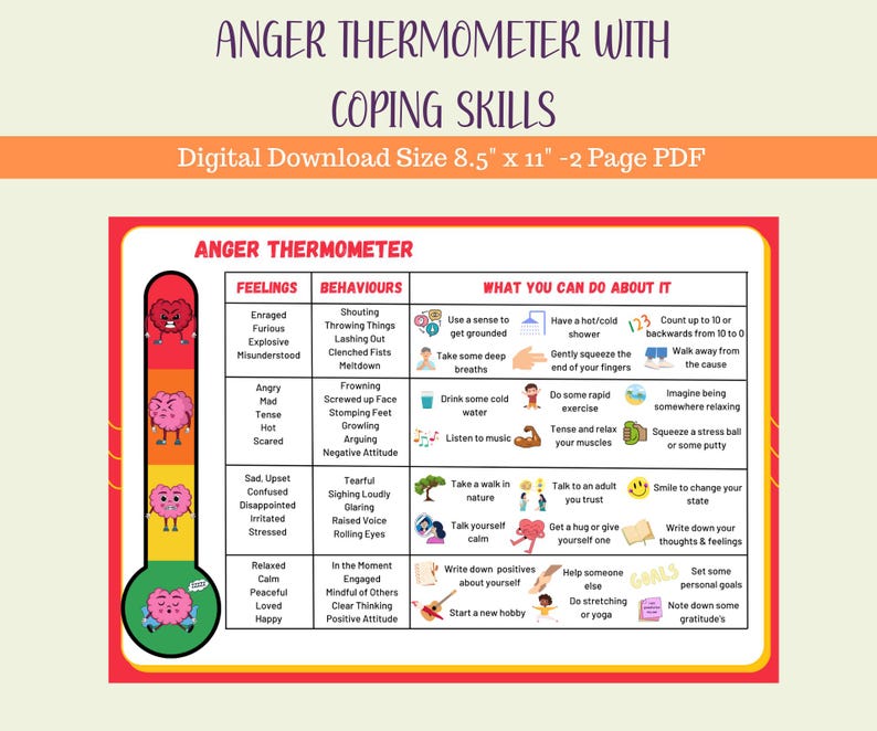 Anxiety Thermometer & Coping Skills - Emotions Feelings CBT Printable ...