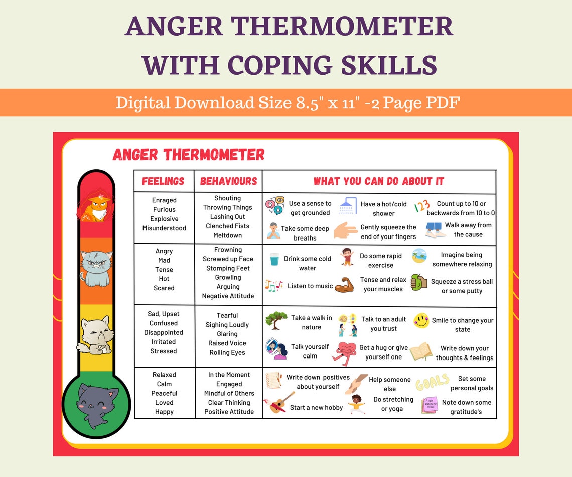 Anger Thermometer & Coping Skills - Emotions Feelings CBT Printable ...