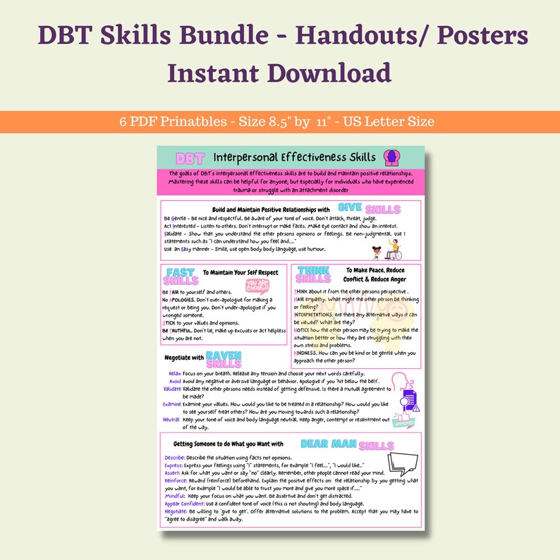 DBT Bundle Skills Printable Handout Poster PDF Set Cheat Sheet - Etsy