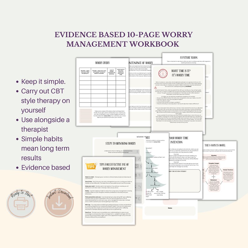 CBT Style Worry Management Workbook Bundle Download GAD General Anxiety ...