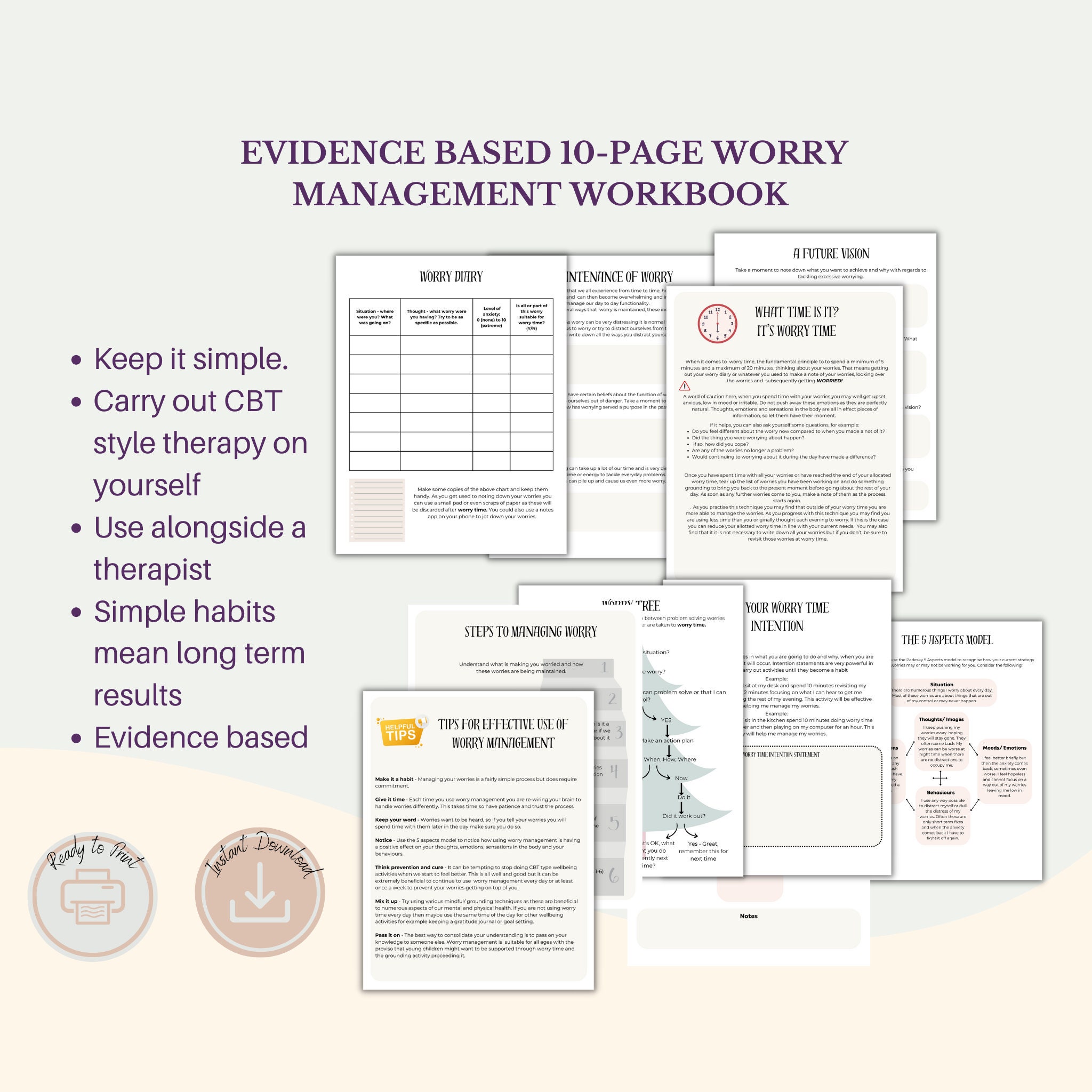 CBT Style Worry Management Workbook Bundle Download GAD General Anxiety ...