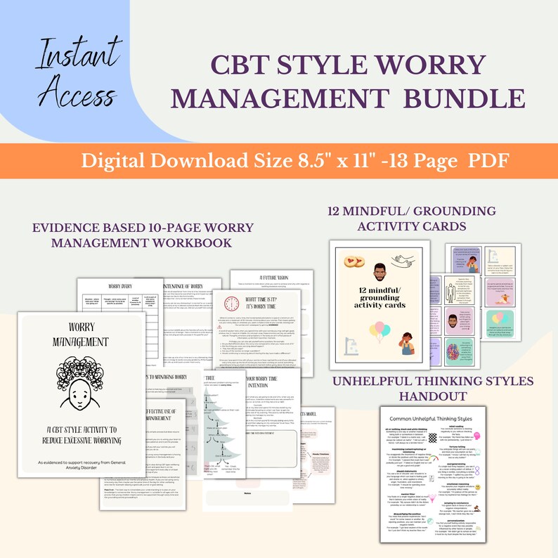 CBT Style Worry Management Workbook Bundle Download GAD General Anxiety ...