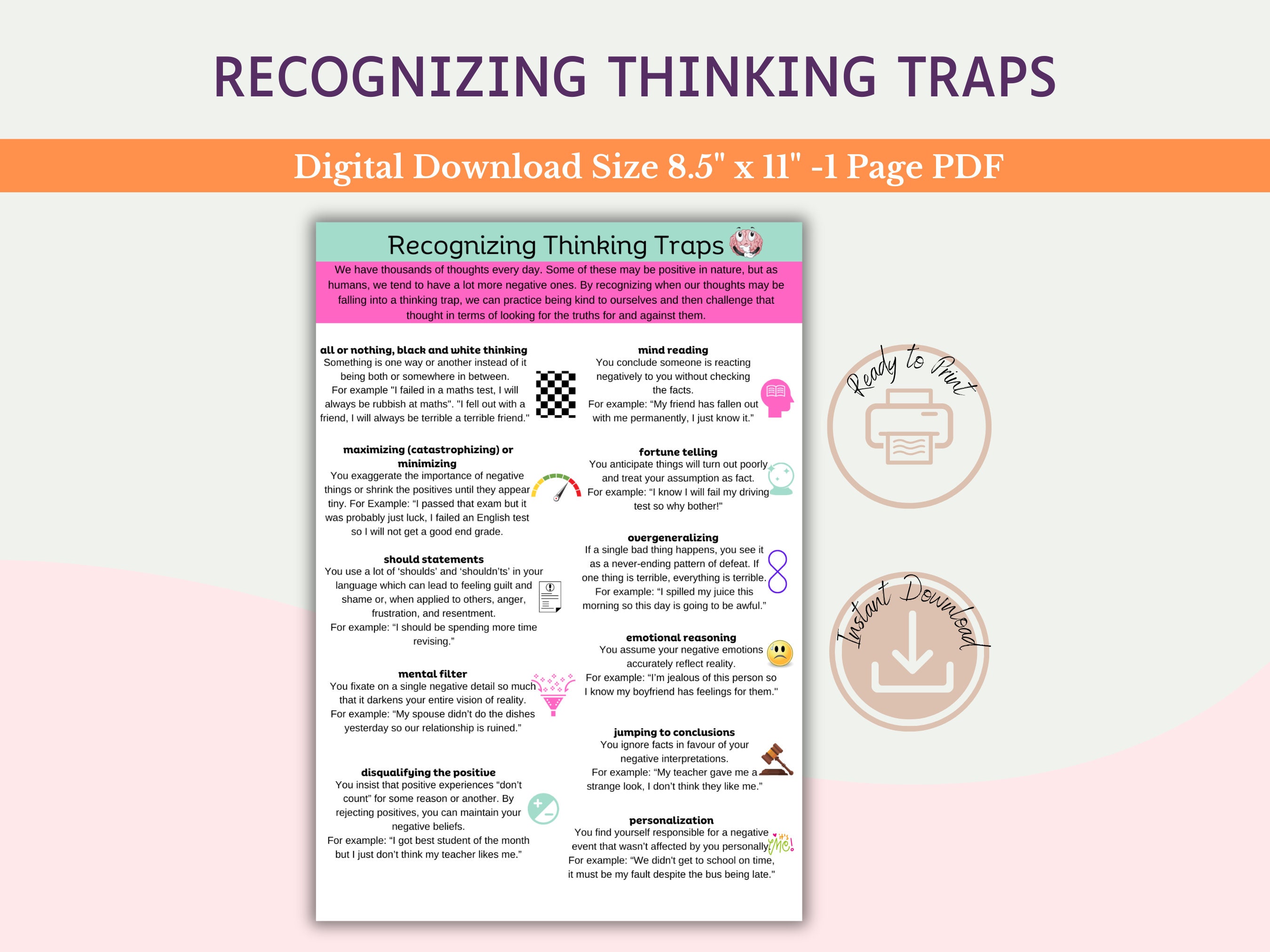 Recognizing Thinking Traps DBT, CBT Printable Handout Poster Cheat Sheet - Kids Teens Adult ...