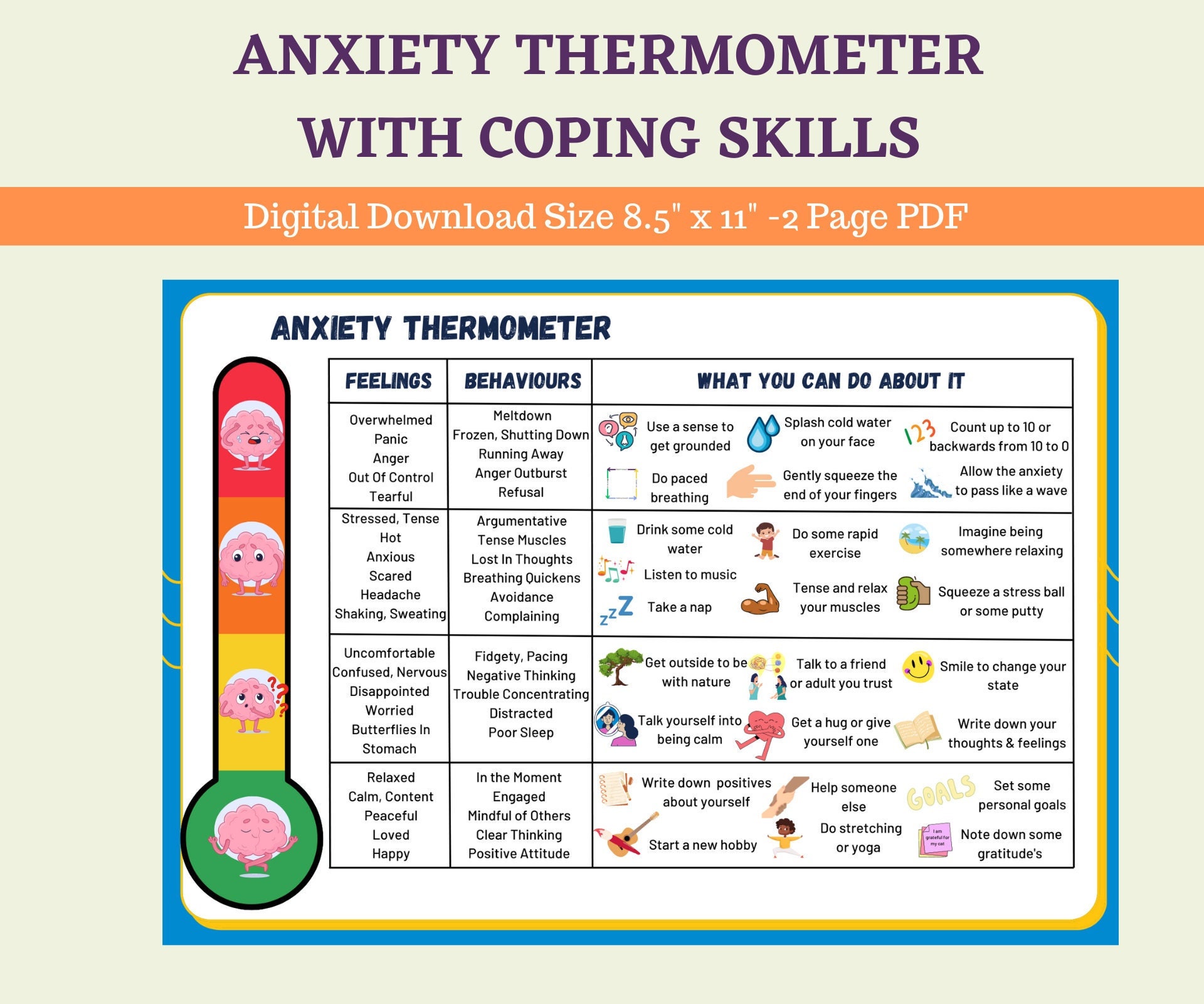 Anxiety Thermometer & Coping Skills Emotions Feelings CBT - Etsy UK