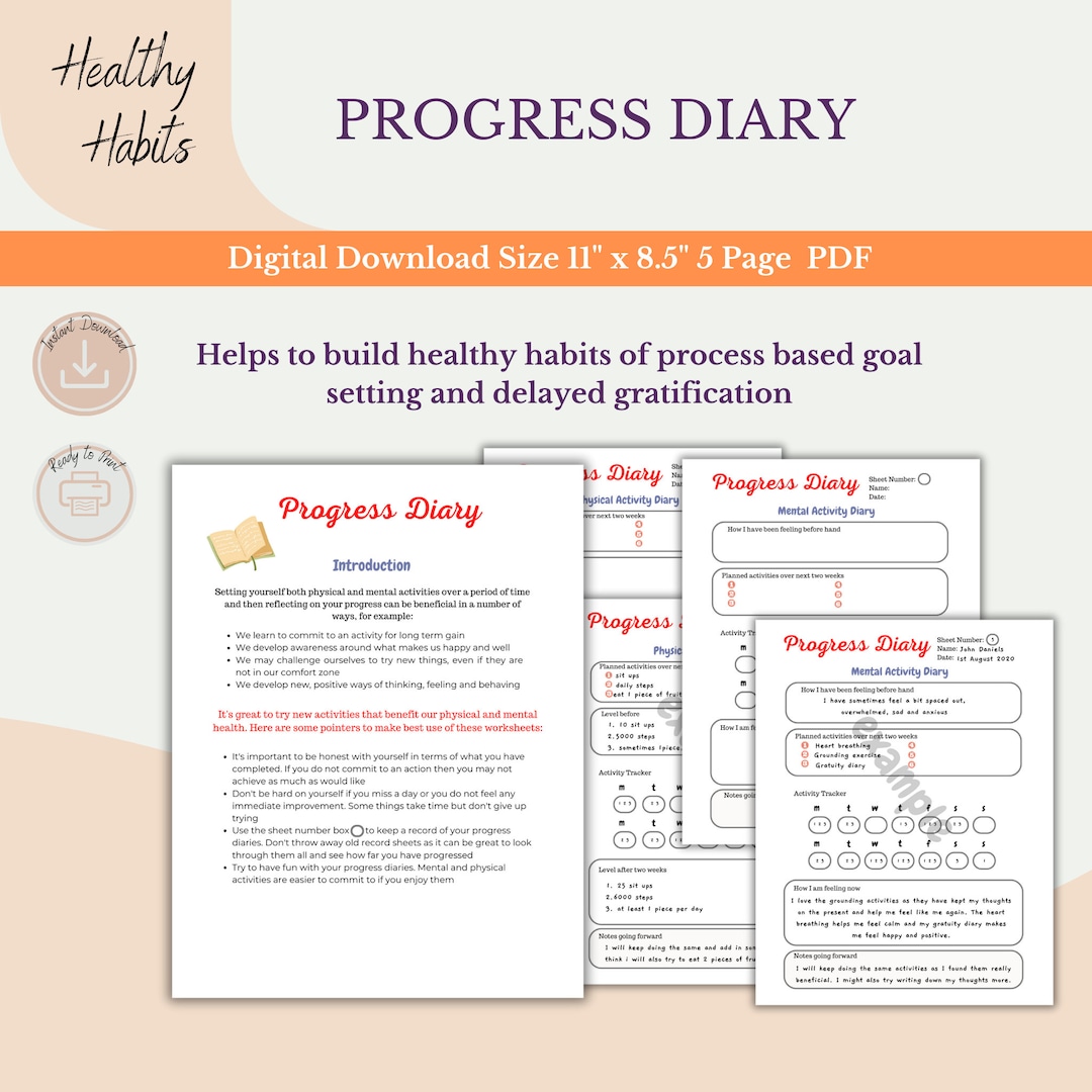 Progress Diary Worksheet Printable Growth Mindset Kids, Teens Mental ...