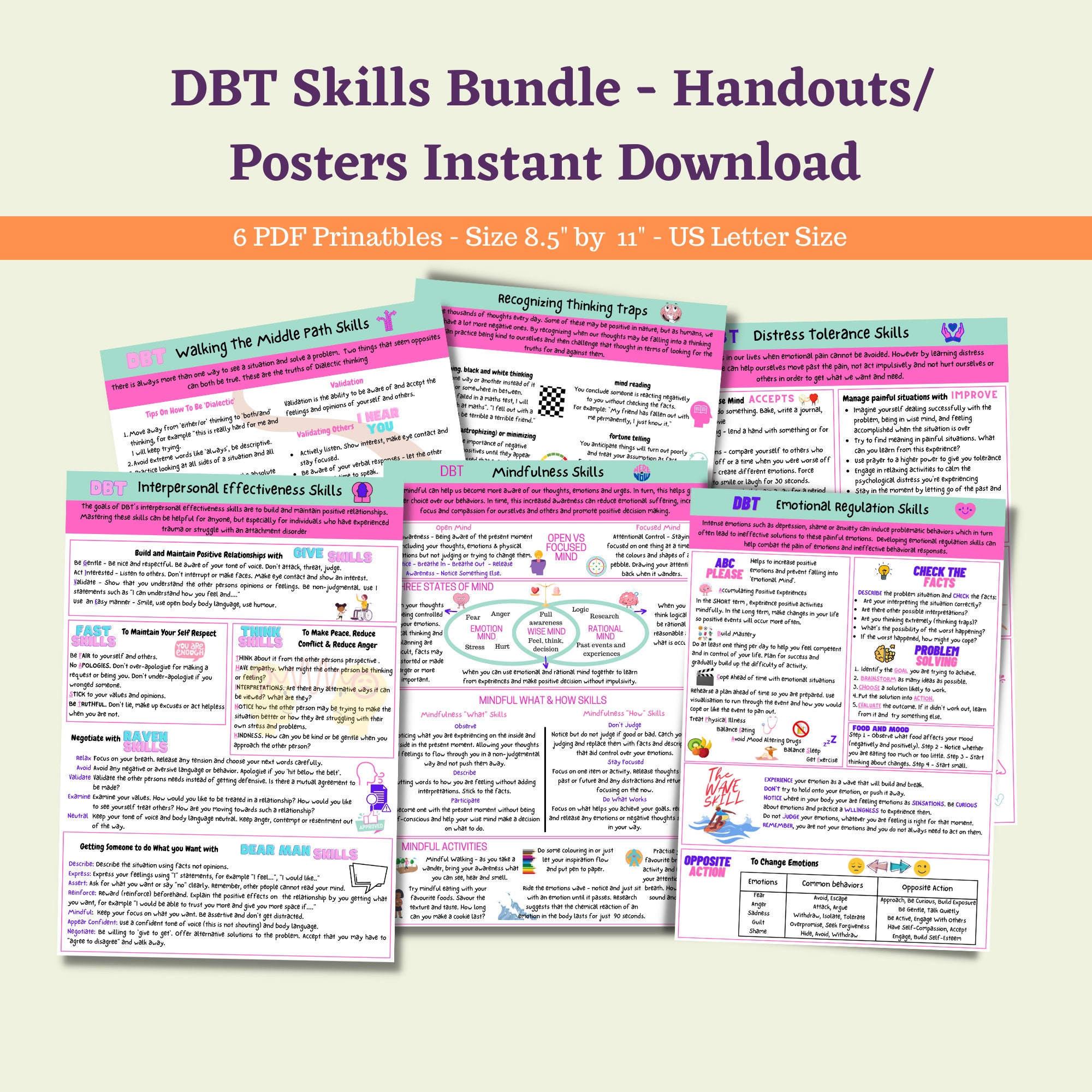 DBT Bundle Skills Printable Handout Poster PDF Set Cheat Sheet - Etsy