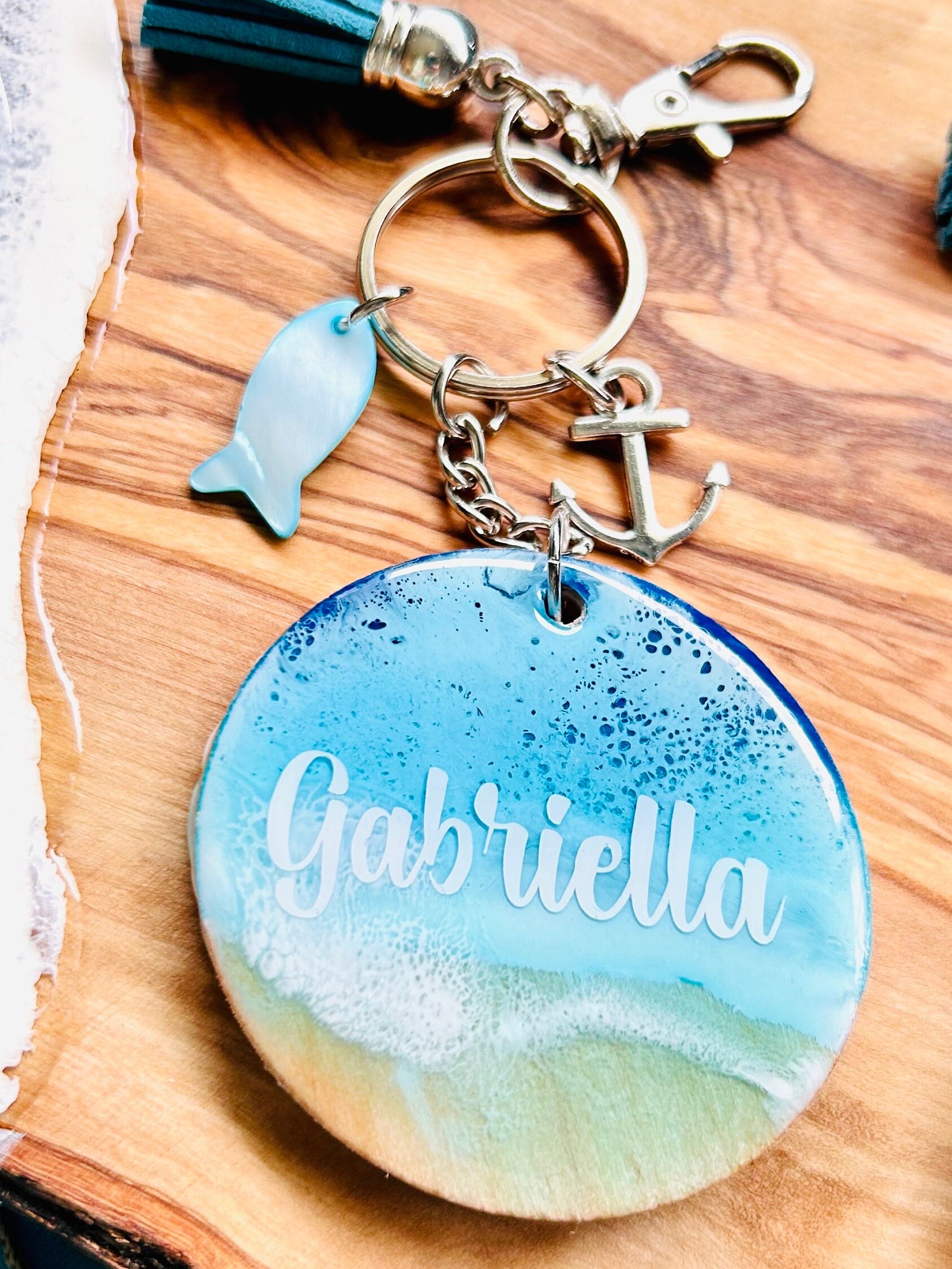 Wood Round Base Personalized Ocean Resin Keychain With Charms, Ocean ...