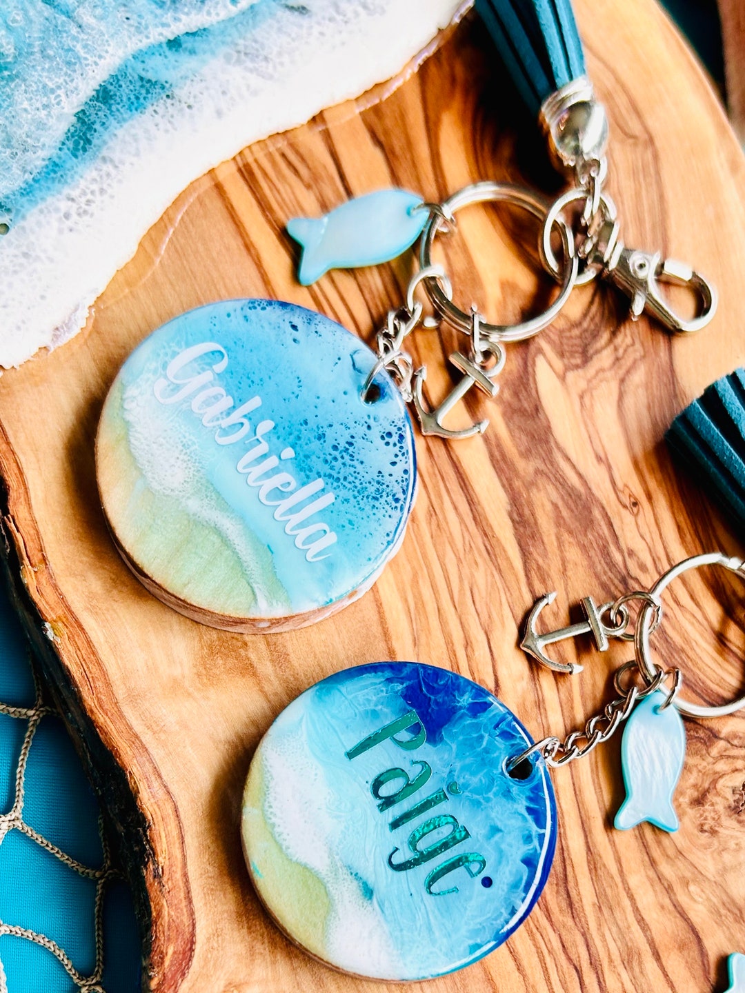 Wood Round Base Personalized Ocean Resin Keychain With Charms, Ocean ...