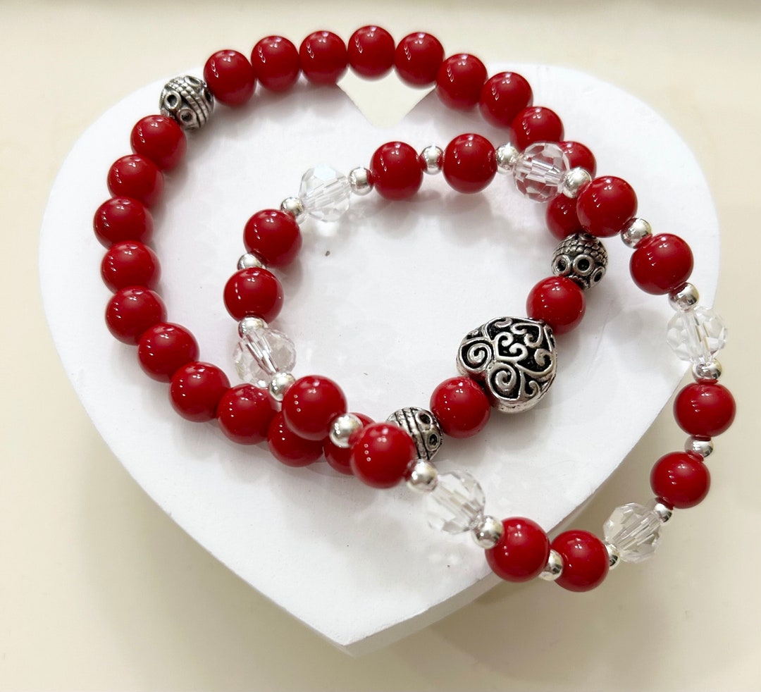 Red Glass Bracelets, Crystal Accents, Heart Charm. Valentine's Day ...