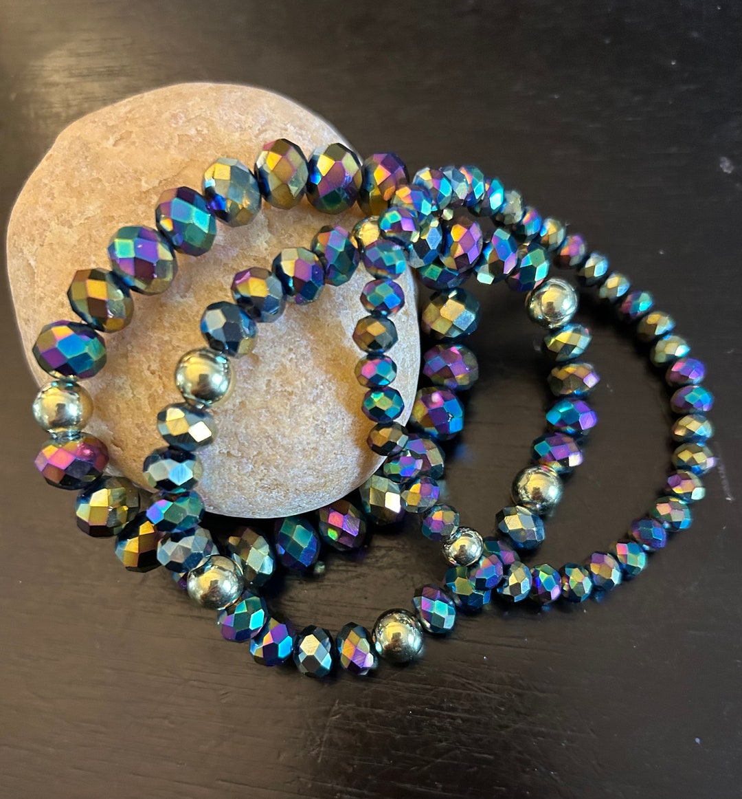 Metallic Czech Rainbow Bracelet Set of 3, , Crystal Czech Bead Stretch ...