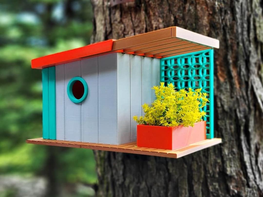 Birdhouse Modern Mid Century With Planter - Etsy