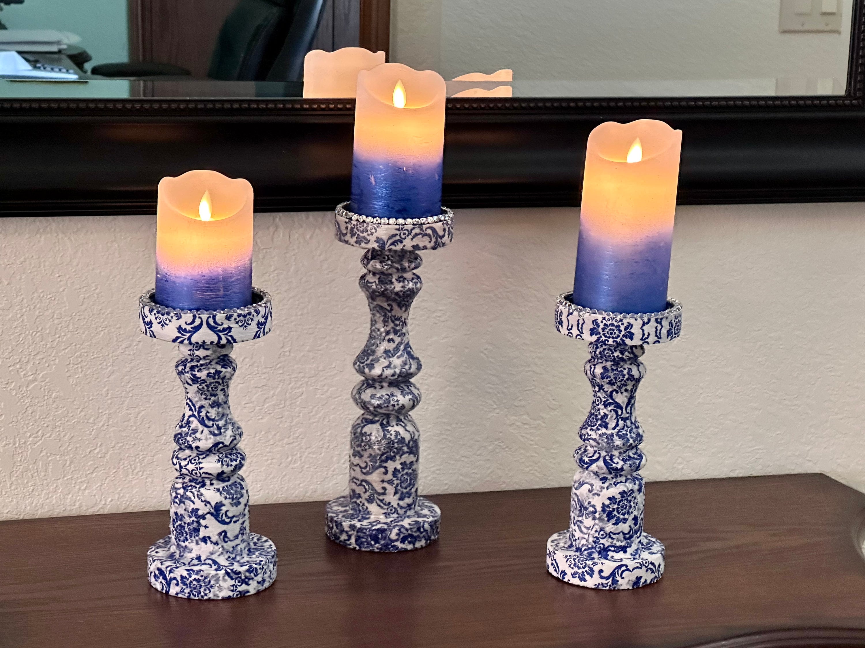 Decoupage Blue/white Candle Sticks - Etsy