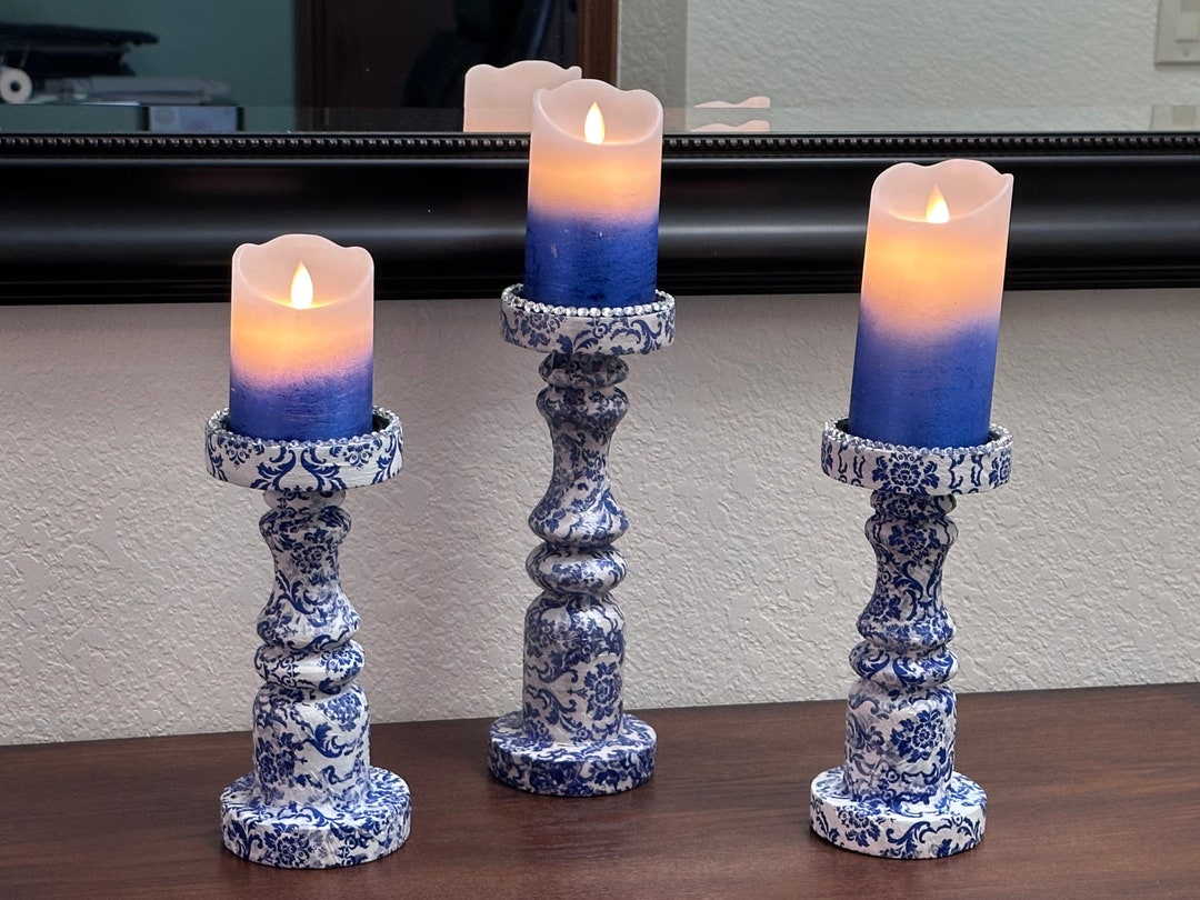 Decoupage Blue/white Candle Sticks - Etsy