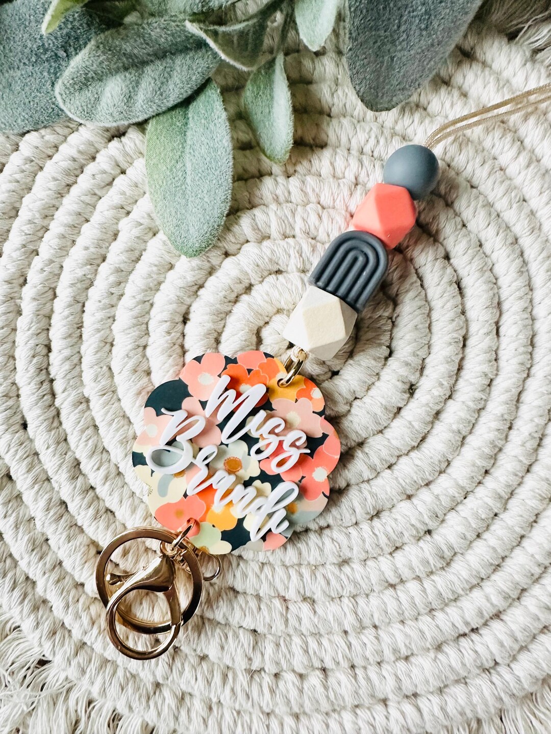 Retro Acrylic Daisy Beaded Lanyard - Navy Blue Personalized Lanyard ...