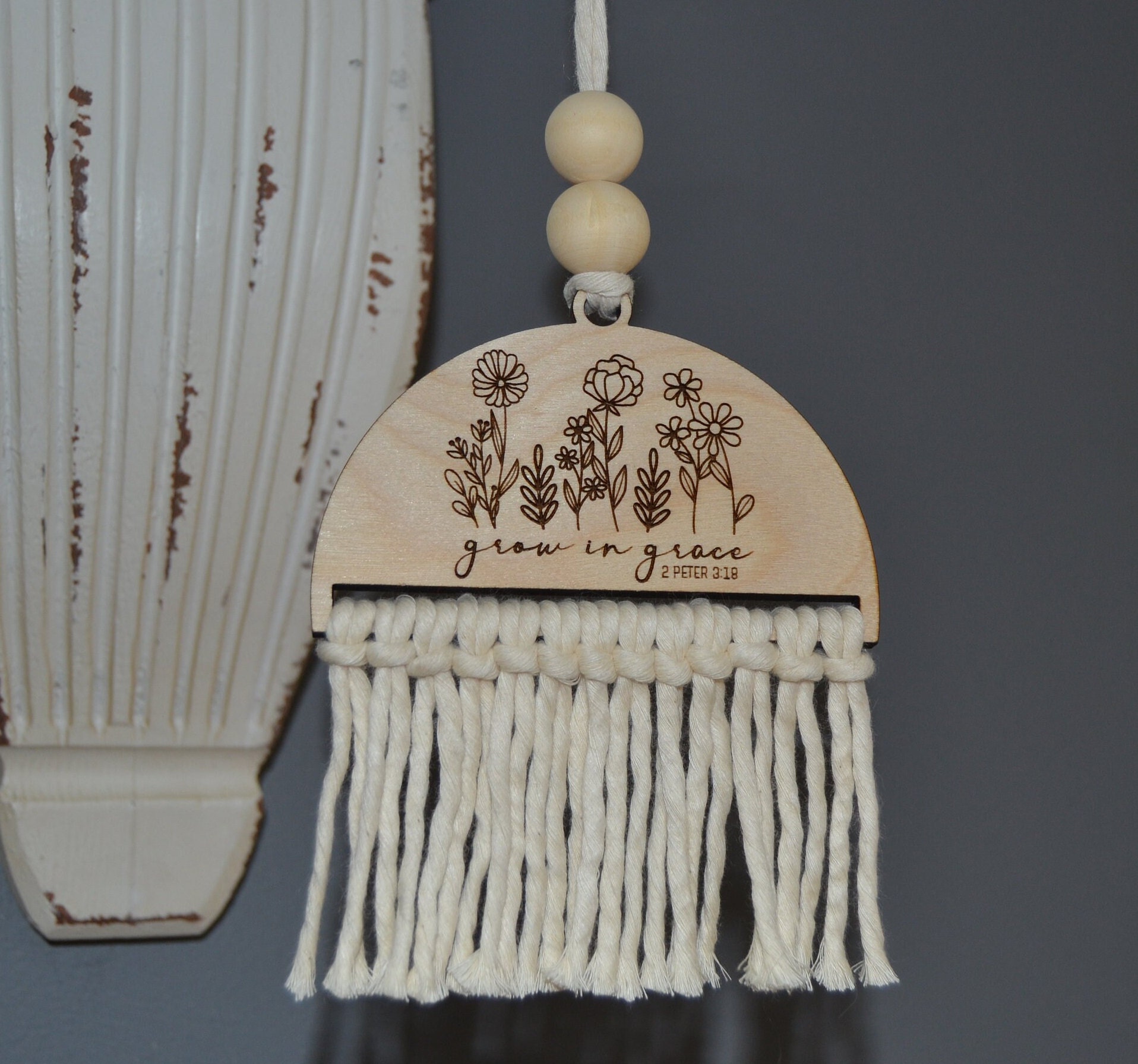 Car Charm Rearview Mirror Wildflowers Macrame Laser Engraved Grow in ...