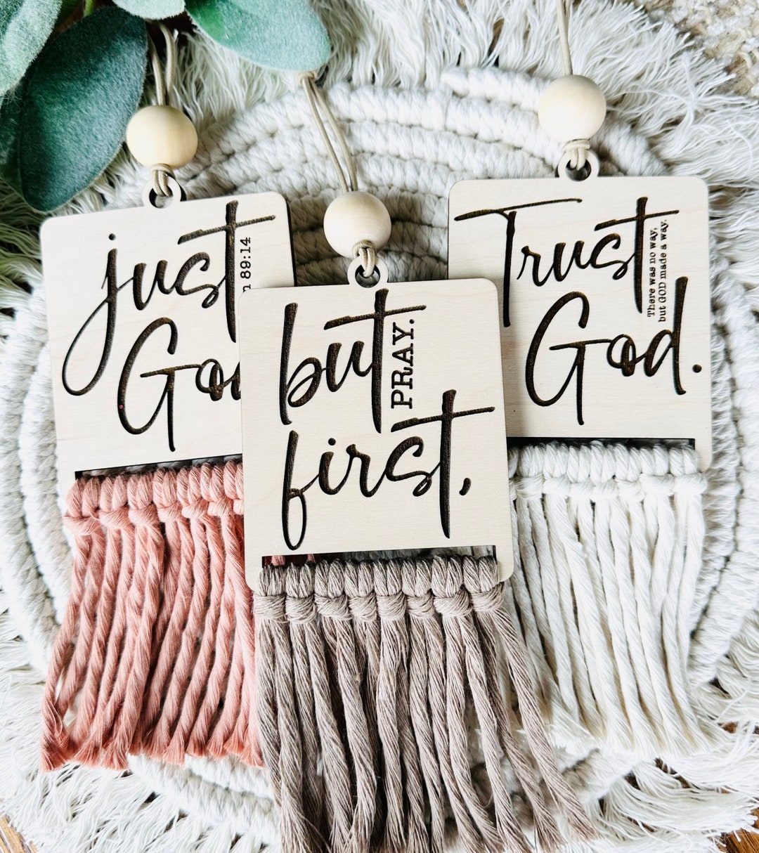 But First Pray Car Charm: Laser Engraved Macrame Rearview Mirror ...