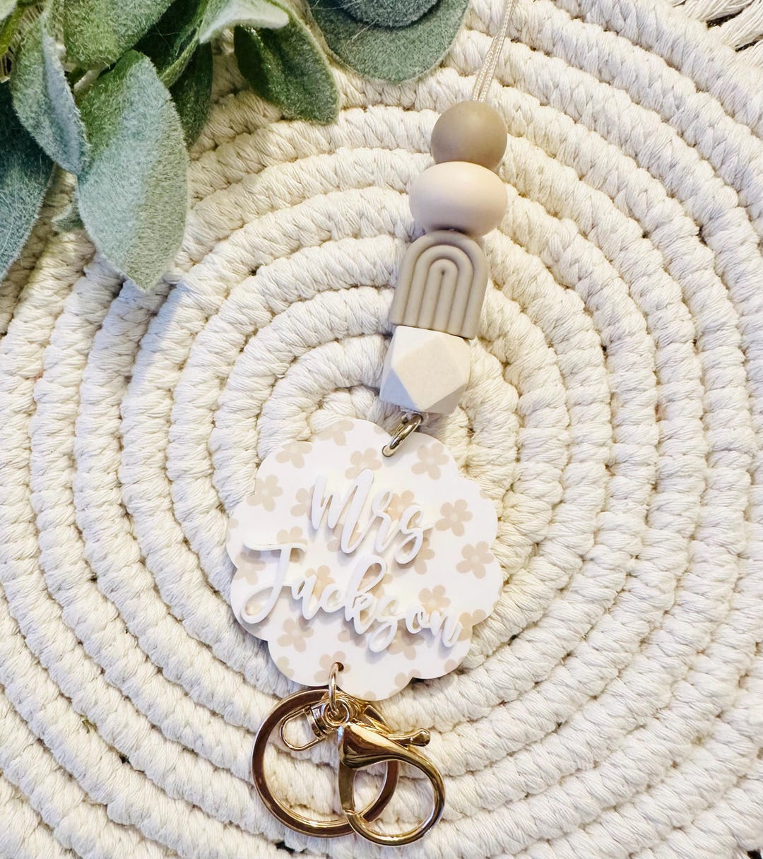 Retro Acrylic Daisy Beaded Lanyard - Tan Personalized Lanyard - Teacher ...