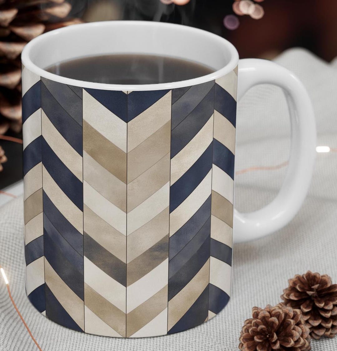Chevron Mug: Navy and Beige Fabric Pattern, Tea Lover Gift - Etsy