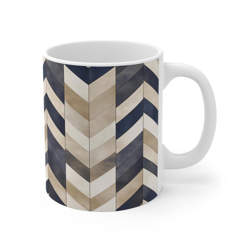 Fabric Pattern Navy and Beige Chevron Mug - Tea Lover Gift, Kitchen ...