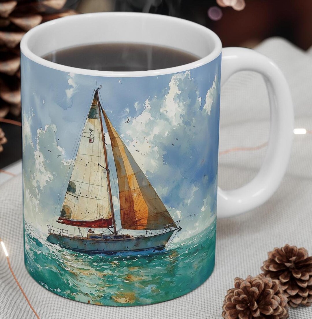 Sail Boat Mug, Nautical Coffee Cup, Ocean Theme Tea Mug, Ceramic ...