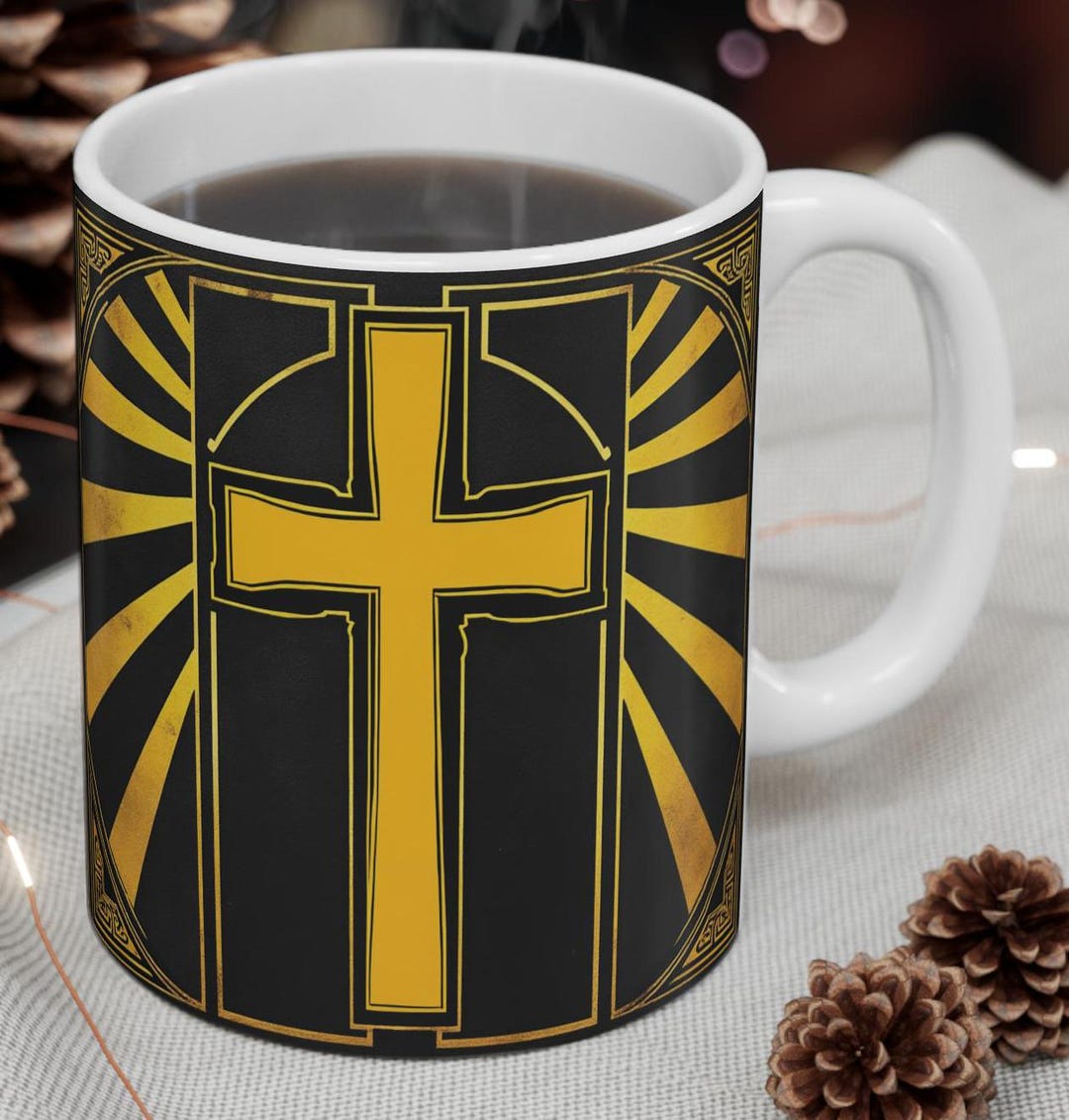 Art Deco Cross Mug: Religious Kitchen Decor - Etsy