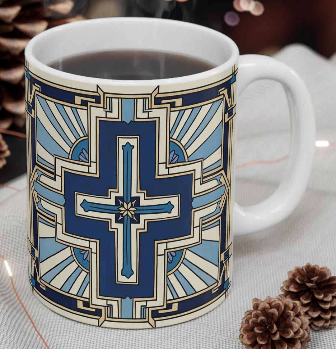 Art Deco Cross Mug: Religious Kitchen Decor, Tea Coffee Cup - Etsy