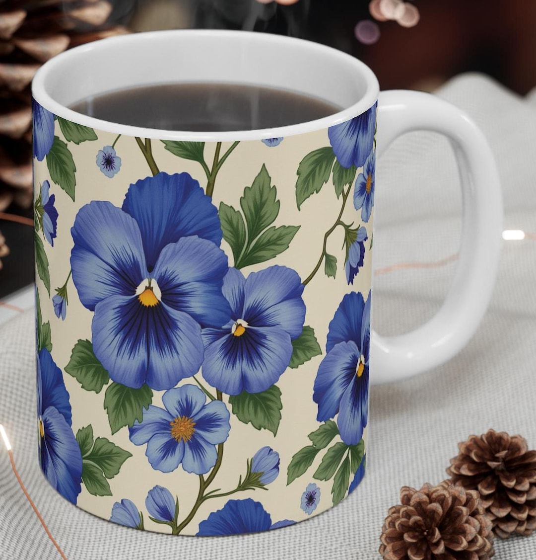 Blue Floral Ceramic Mug: Pansy Flower Blossoms, Tea Lover Gift - Etsy
